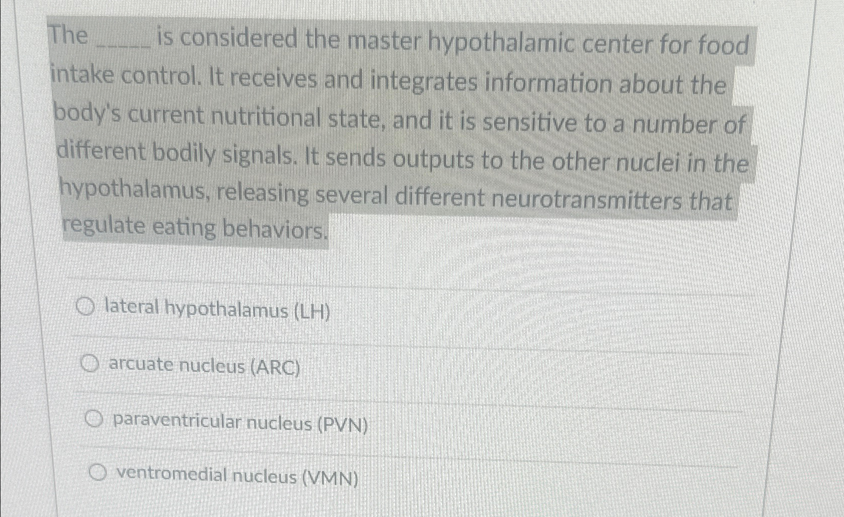 Solved The is considered the master hypothalamic center for | Chegg.com