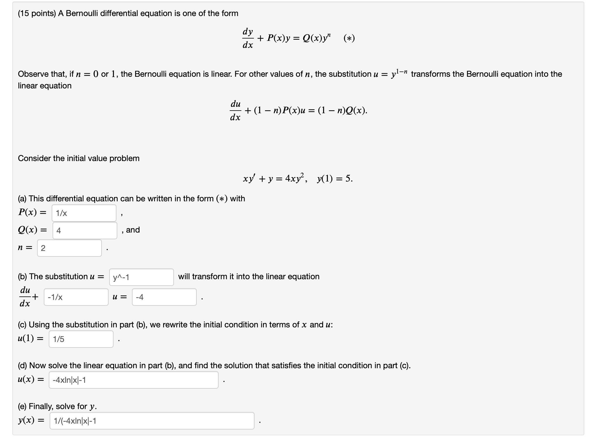 Solved (15 ﻿points) ﻿A Bernoulli differential equation is | Chegg.com