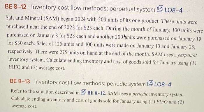 Solved BE 8-12 Inventory cost flow methods; perpetual system | Chegg.com