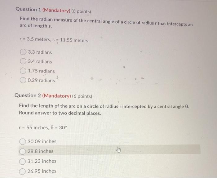 Solved Question 1 (Mandatory) (6 points) Find the radian | Chegg.com