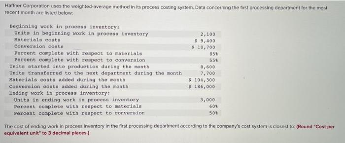 Solved Haffner Corporation uses the weighted-average method | Chegg.com