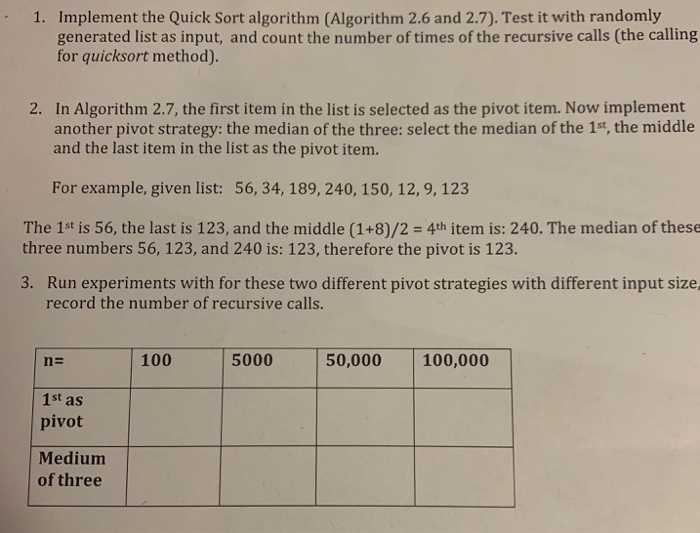 Solved 1. Implement the Quick Sort algorithm (Algorithm 2.6 | Chegg.com