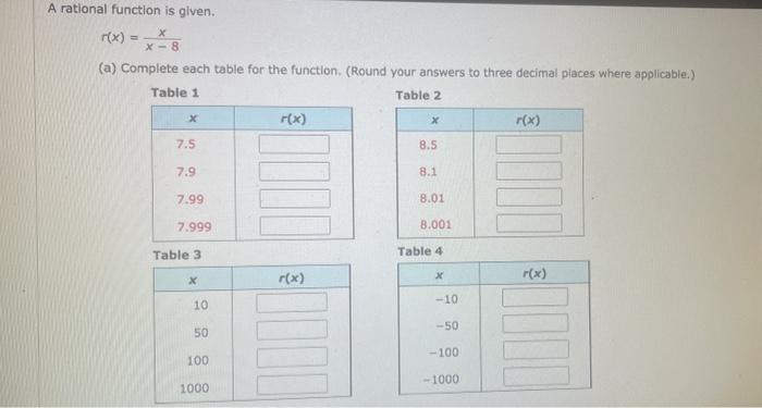 Solved A rational function is given. r(x)=x−8x (a) Complete | Chegg.com