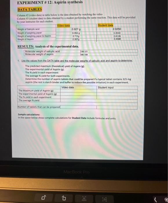 Solved EXPERIMENT #12: Aspirin synthesis DATA TABLES Column | Chegg.com