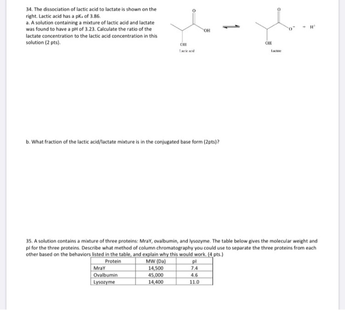 Solved 34. The dissociation of lactic acid to lactate is | Chegg.com