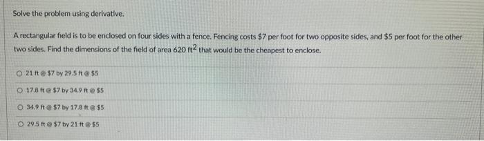 Solved Solve the problem using derivative. A rectangular | Chegg.com