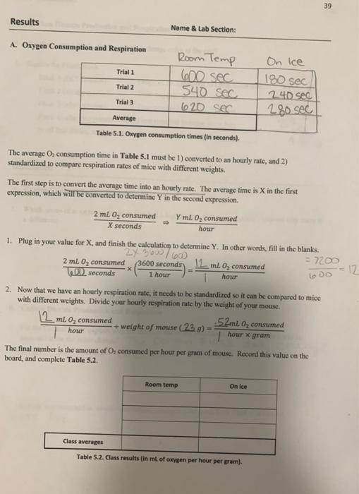 Solved Name \& Lab Section: The average O2 consumption time | Chegg.com