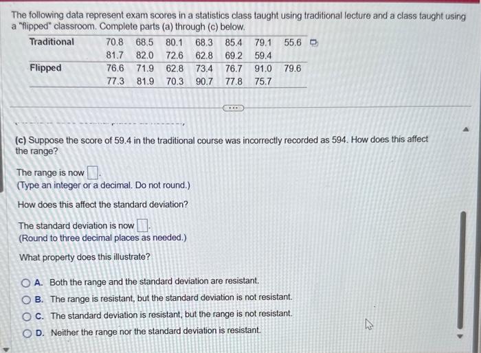 Solved The following data represent exam scores in a | Chegg.com