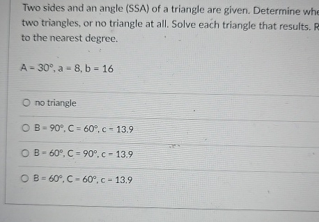 Solved Two sides and an angle (SSA) ﻿of a triangle are | Chegg.com