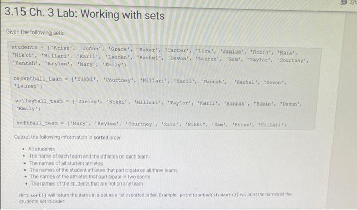 Solved 3.15 Ch. 3 Lab: Working with sets Given the following | Chegg.com