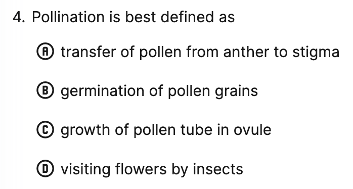 Solved Pollination is best defined as(A) ﻿transfer of pollen | Chegg.com