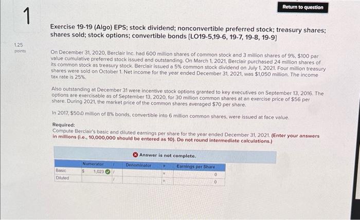 Solved Exercise 19-19 (Algo) EPS; stock dividend; | Chegg.com