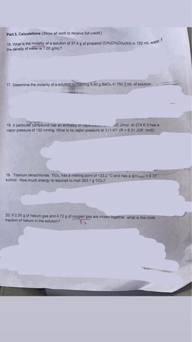 Solved Part 3. Calculations (Show af work to receno foll | Chegg.com