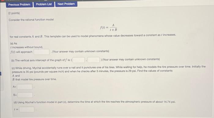 Solved Consider the rational function model f(t)=t+BA for | Chegg.com
