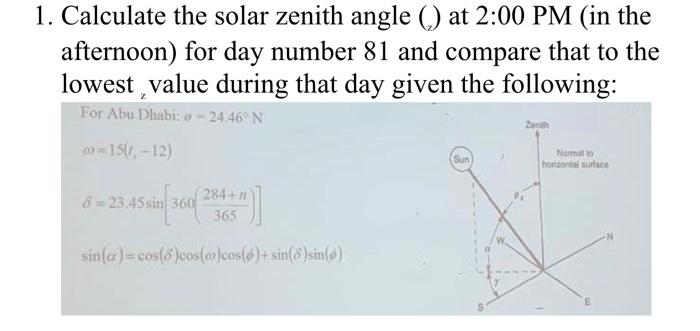 Solved 1. Calculate the solar zenith angle (,) at 2:00 PM | Chegg.com