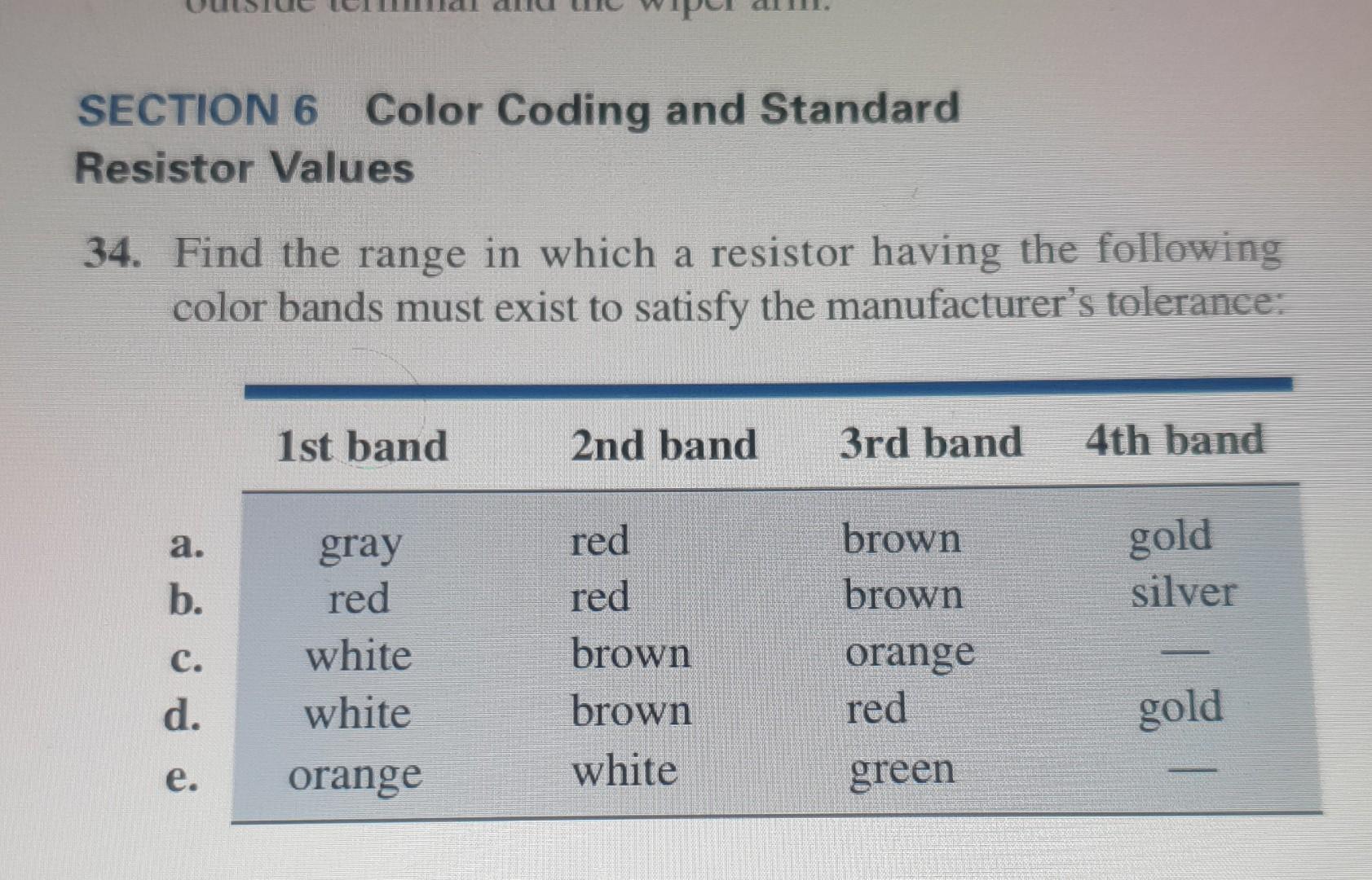 Solved Section 6 Color Coding And Standard Resistor Values
