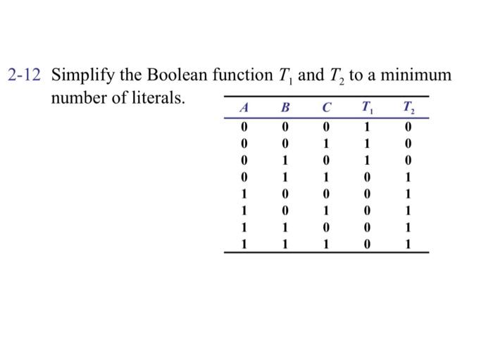 Solved 2 12 Simplify The Boolean Function T1 And T2 To A 8061