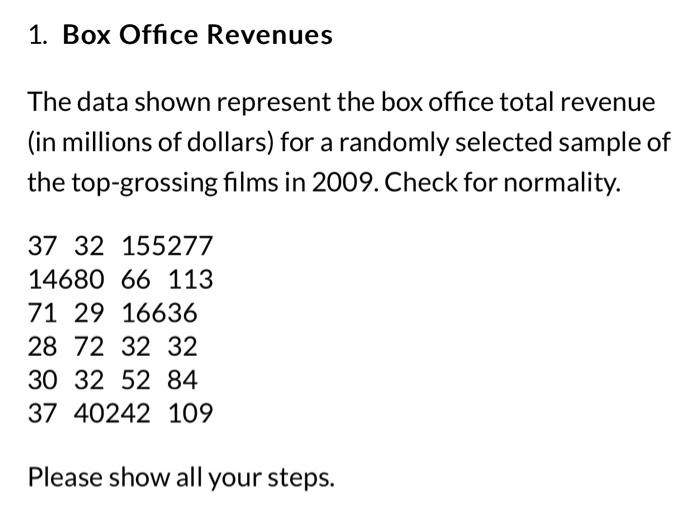 Solved HELP!!!1. Box Office Revenues The data shown | Chegg.com
