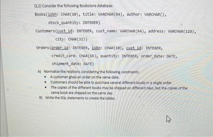 Solved Q.2) Consider the following Bookstore database: | Chegg.com