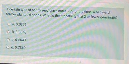 Solved A certain type of ochro seed germinates 75% of the | Chegg.com