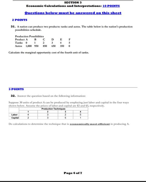 Solved SECTION 3 Economic Calculations and Interpretations: | Chegg.com