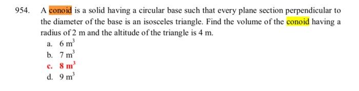Solved 54. A conoid is a solid having a circular base such | Chegg.com