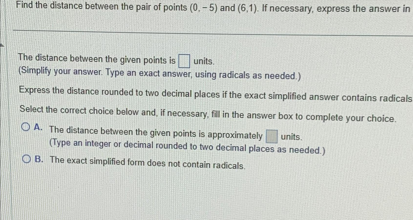 Solved Find the distance between the pair of points (0,-5) | Chegg.com