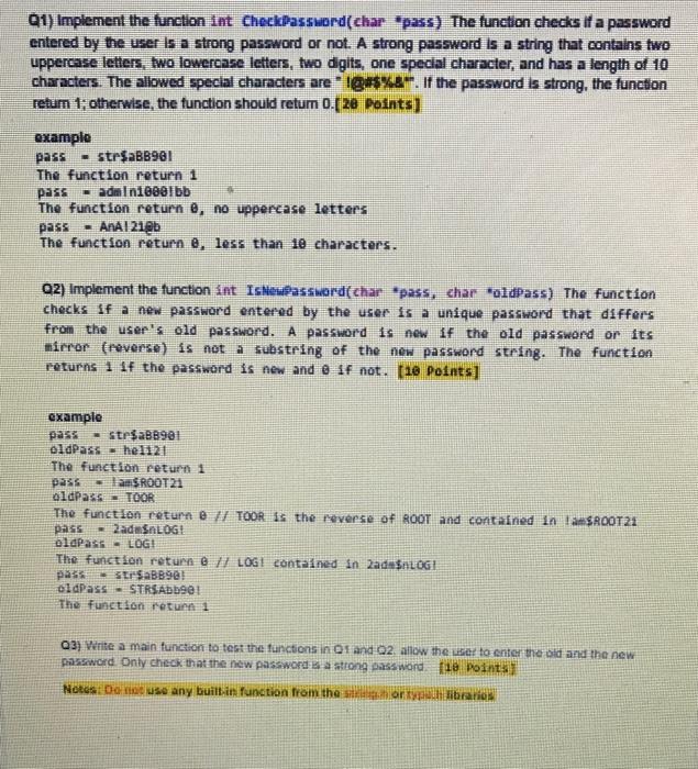 Solved (1) Implement the function int CheckPassword(char | Chegg.com