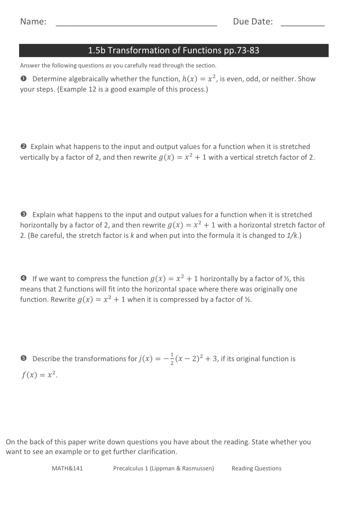 Solved 1.5b Transformation of Functions pp.73-83Answer the | Chegg.com