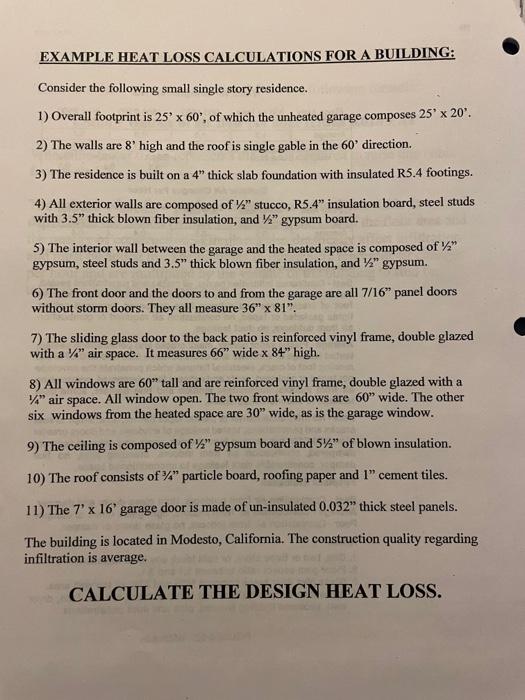EXAMPLE HEAT LOSS CALCULATIONS FOR A BUILDING: | Chegg.com