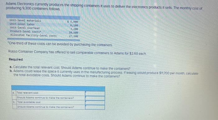 Solved Adams Electronics currently produces the shipping | Chegg.com
