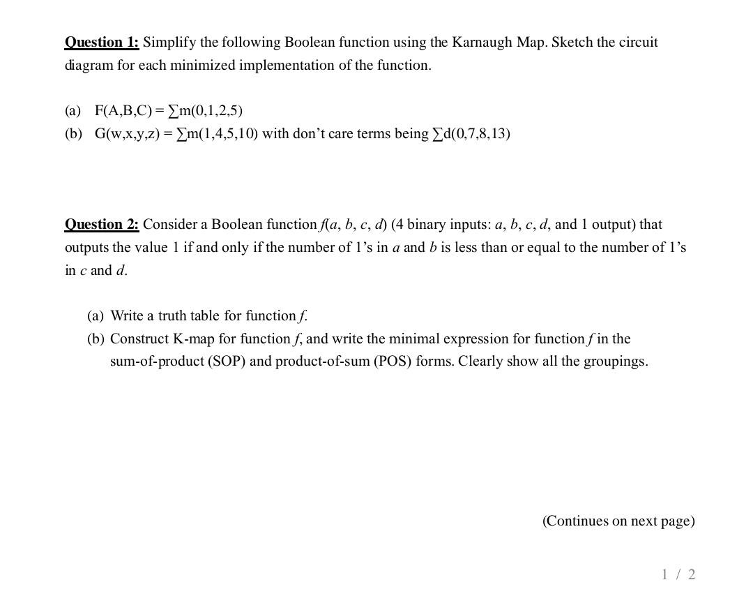 Question 1: Simplify the following Boolean function | Chegg.com