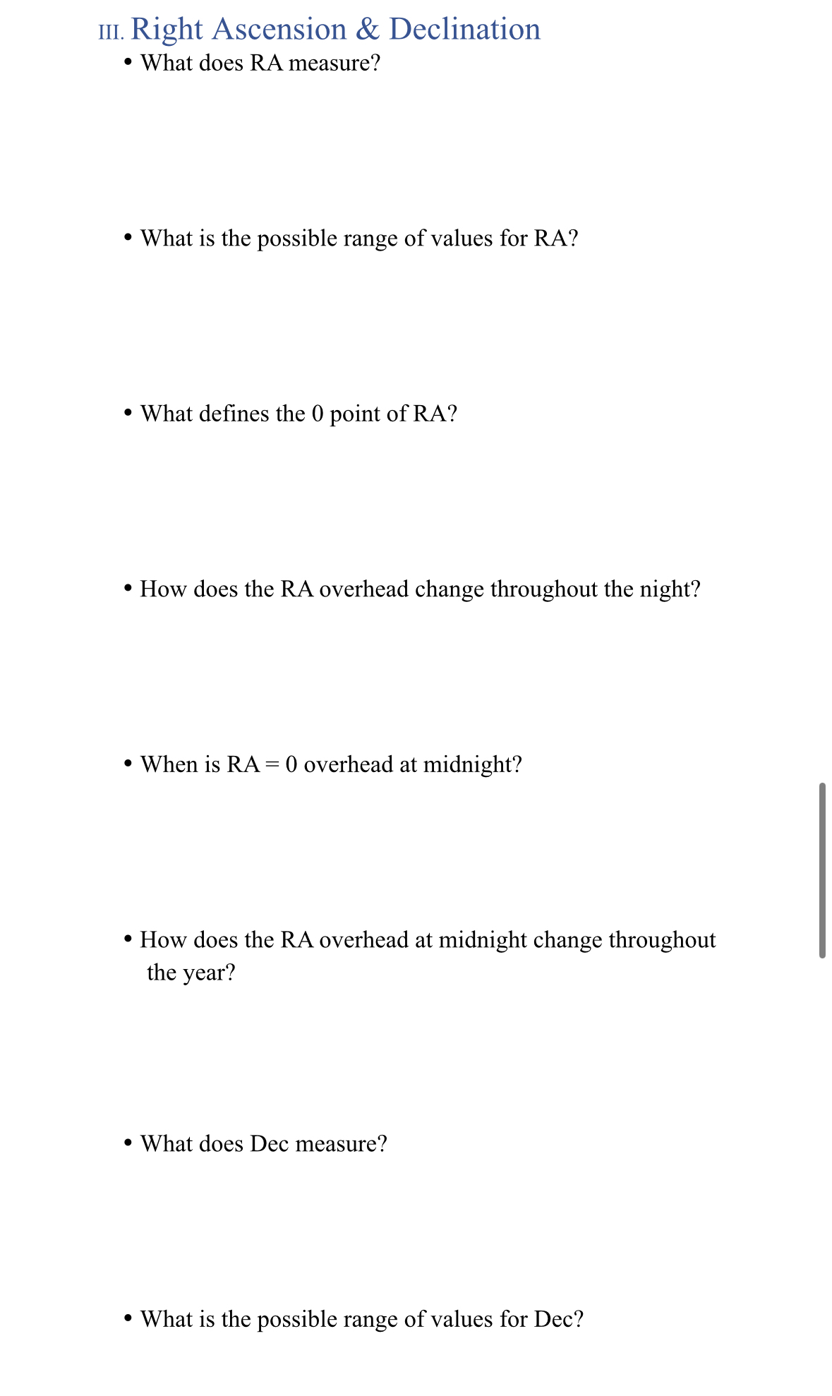 Solved III. Right Ascension & DeclinationWhat does RA | Chegg.com