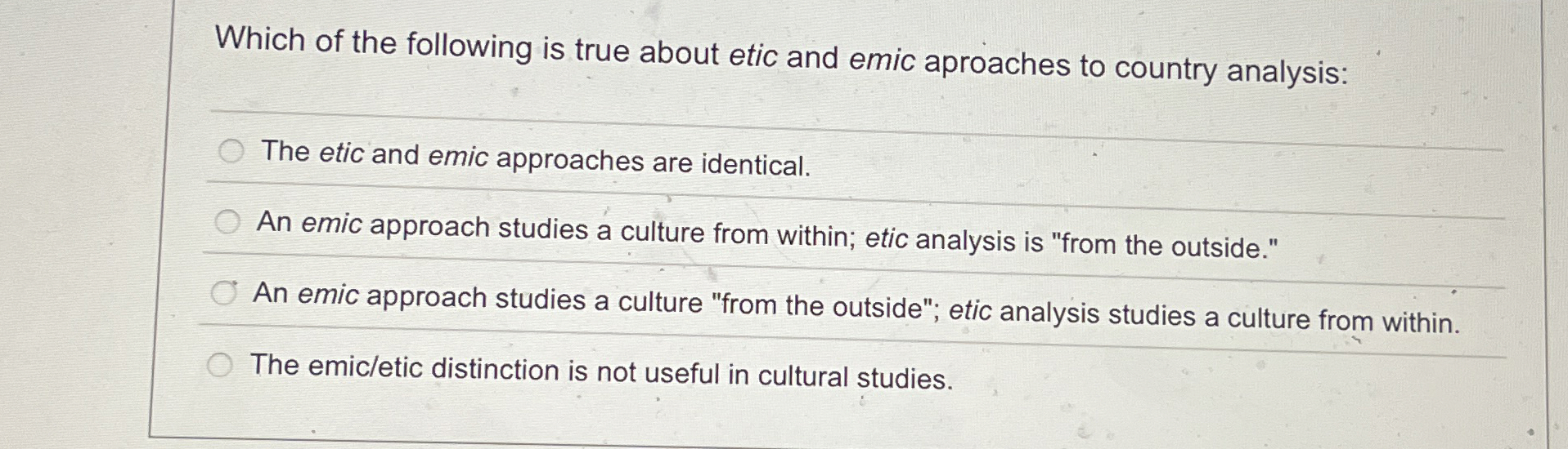 Solved Which of the following is true about etic and emic | Chegg.com