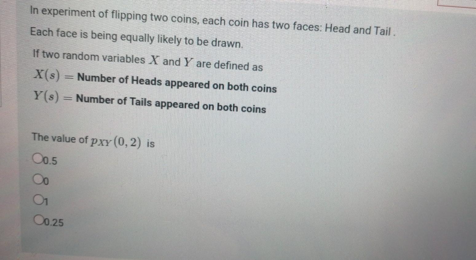 Solved In experiment of flipping two coins, each coin has | Chegg.com