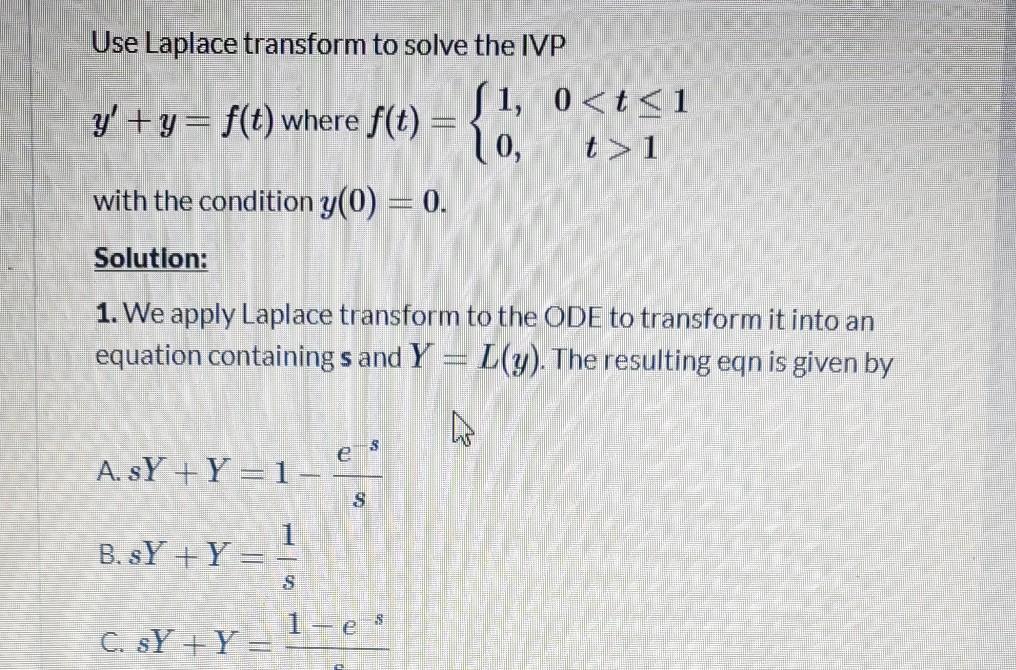 Solved Use Laplace transform to solve the IVP y'+y= f(t) | Chegg.com