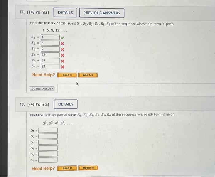 Solved Find the first six partial sums S1,S2,S3,S4,S5,S6 of | Chegg.com