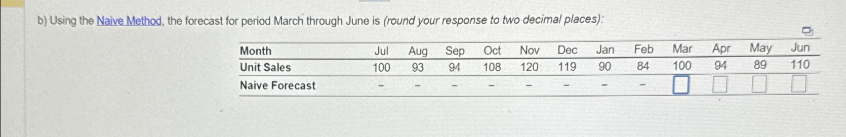 Solved b) ﻿Using the Naive Method, the forecast for period | Chegg.com