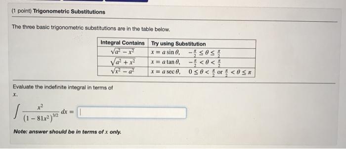 Solved (1 point) Trigonometric Substitutions The three basic | Chegg.com
