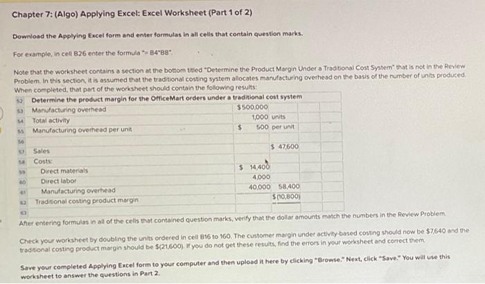 Solved Chapter 7: (Algo) Applying Excel: Excel Worksheet | Chegg.com Solved Chapter 7: (Algo) Applying Excel: Excel Worksheet | Chegg.com