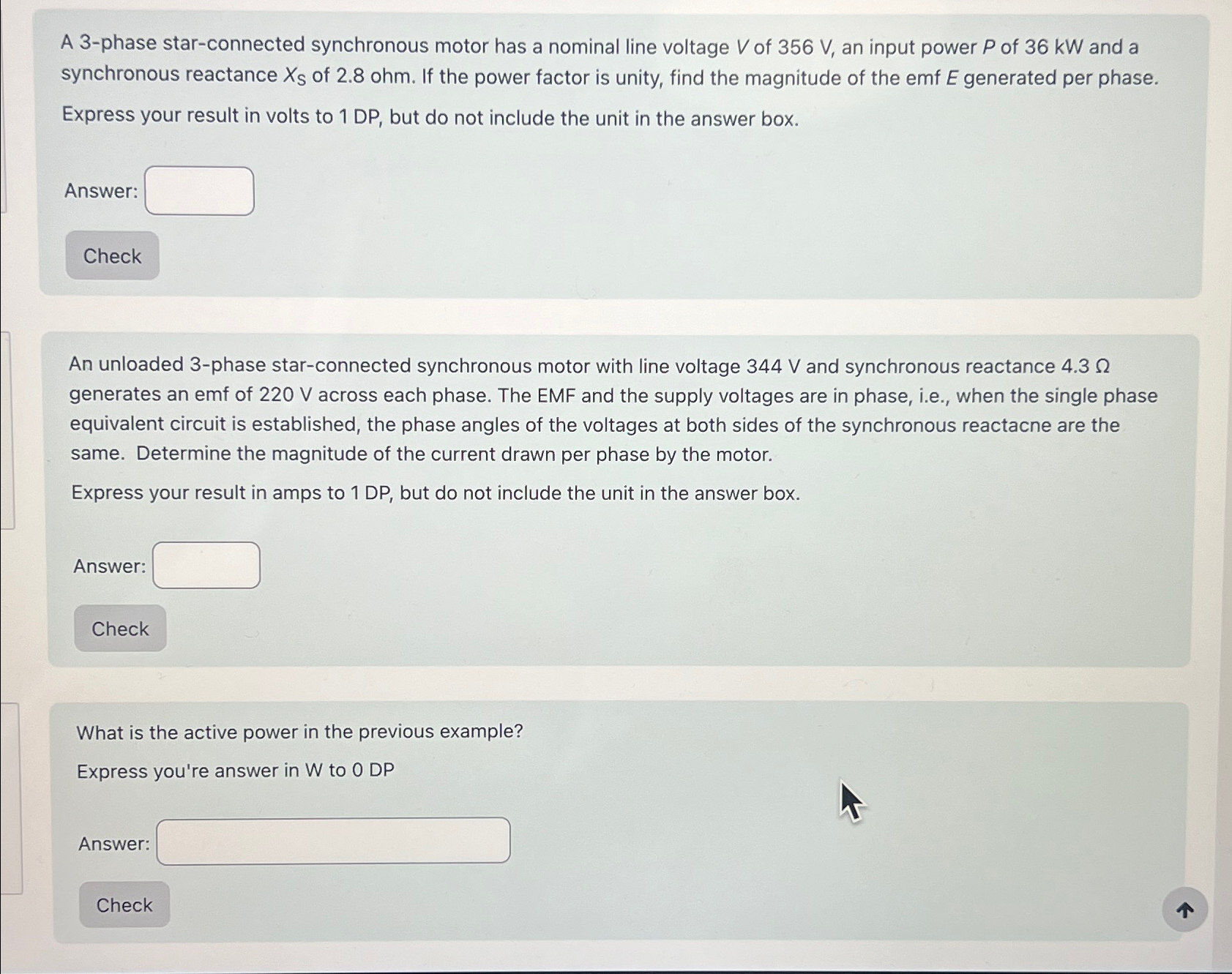 Solved A 3-phase star-connected synchronous motor has a | Chegg.com