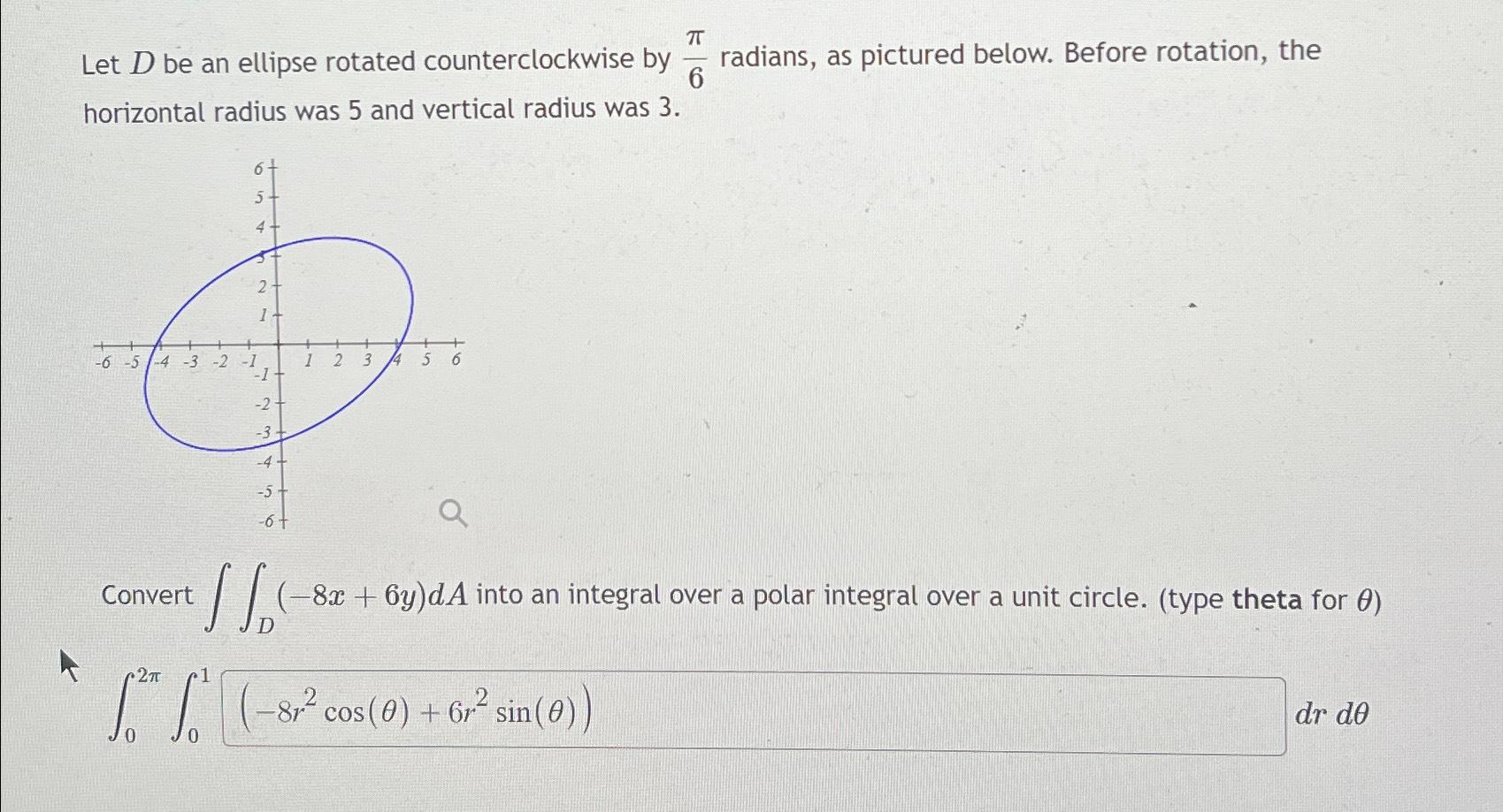 Solved Let D ﻿be an ellipse rotated counterclockwise by π6 | Chegg.com