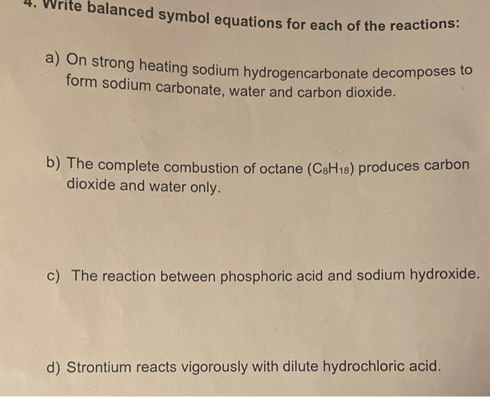 Solved balanced symbol equations for each of the reactions: | Chegg.com