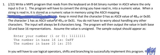Solved 1. (722) Write a MIPS program that reads from the | Chegg.com
