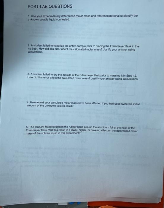 Solved POST-LAB QUESTIONS 1. Use your experimentally | Chegg.com