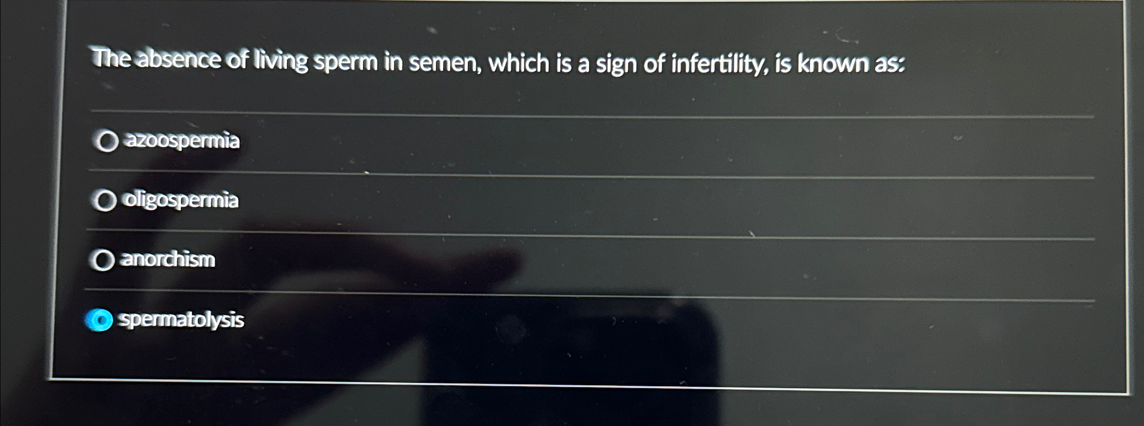 Solved The absence of living sperm in semen, which is a sign | Chegg.com