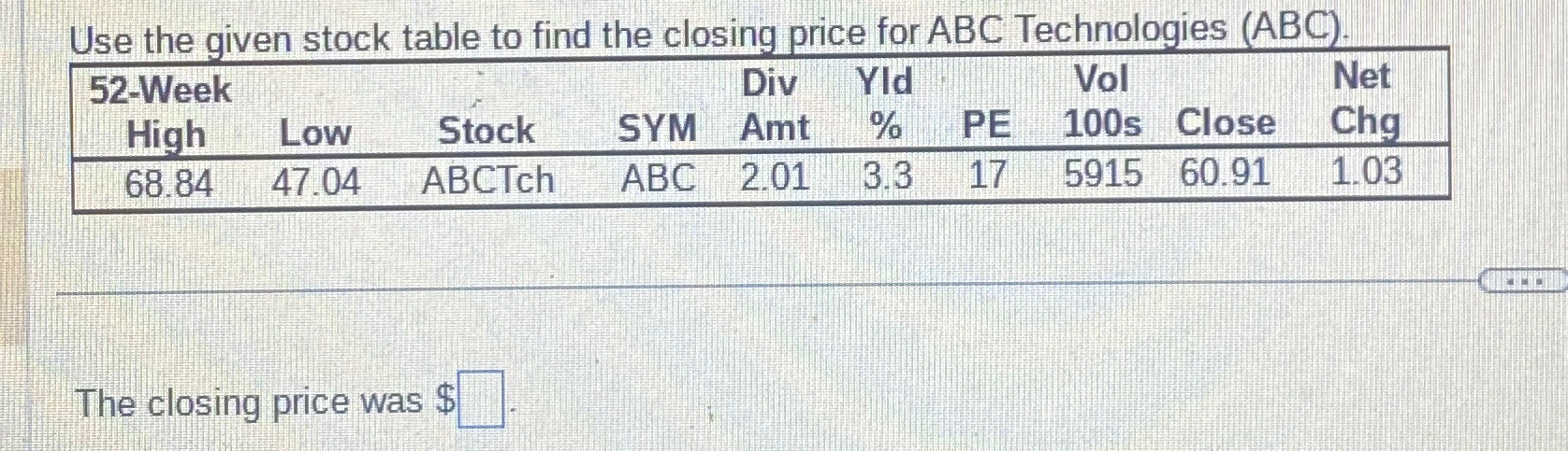 Solved Use the given stock table to find the closing price | Chegg.com