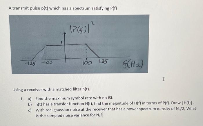 Solved A transmit pulse p(t) which has a spectrum satisfying | Chegg.com