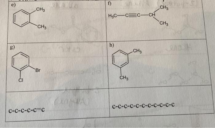 Solved CHE f) CH3 H2C-CEC-CH CH3 CH3 h) CH3 Br CI CH3 HO | Chegg.com