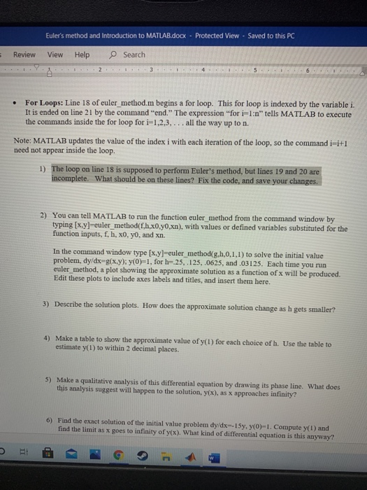 Euler's method and Introduction to MATLAB.docx - | Chegg.com